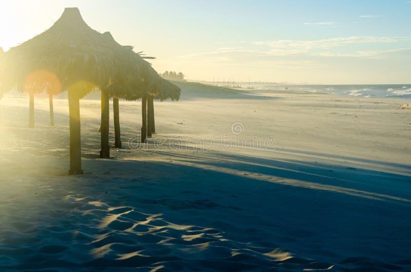 Overexposed Beach Evening View with Many Sun Umbrellas Stock Photo ...