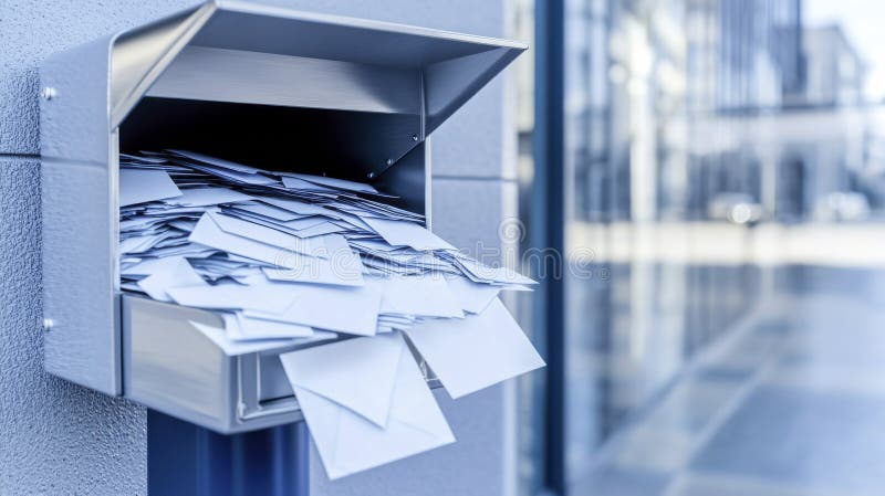 Overfilled Silver Mailbox with White Envelopes on Modern Building ...