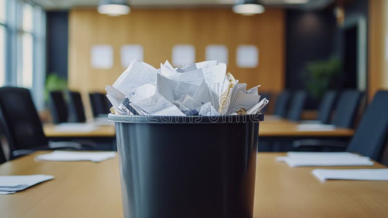 Overfilled Trash Bin in Modern Office Conference Room Stock Photo ...