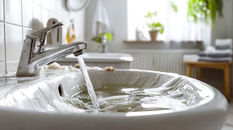 Overflowing Bathroom Sink with Running Tap. Plumbing Problem, Water ...