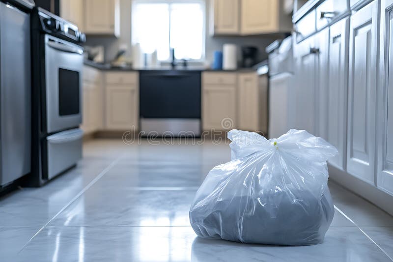 Overflowing Black Plastic Garbage Bag in a Cluttered Kitchen Corner ...