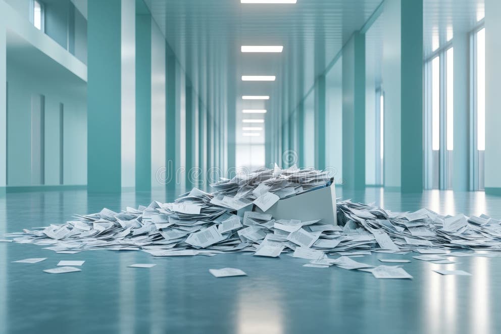 Overflowing Box of Papers in Modern Hallway Symbolizing Information ...