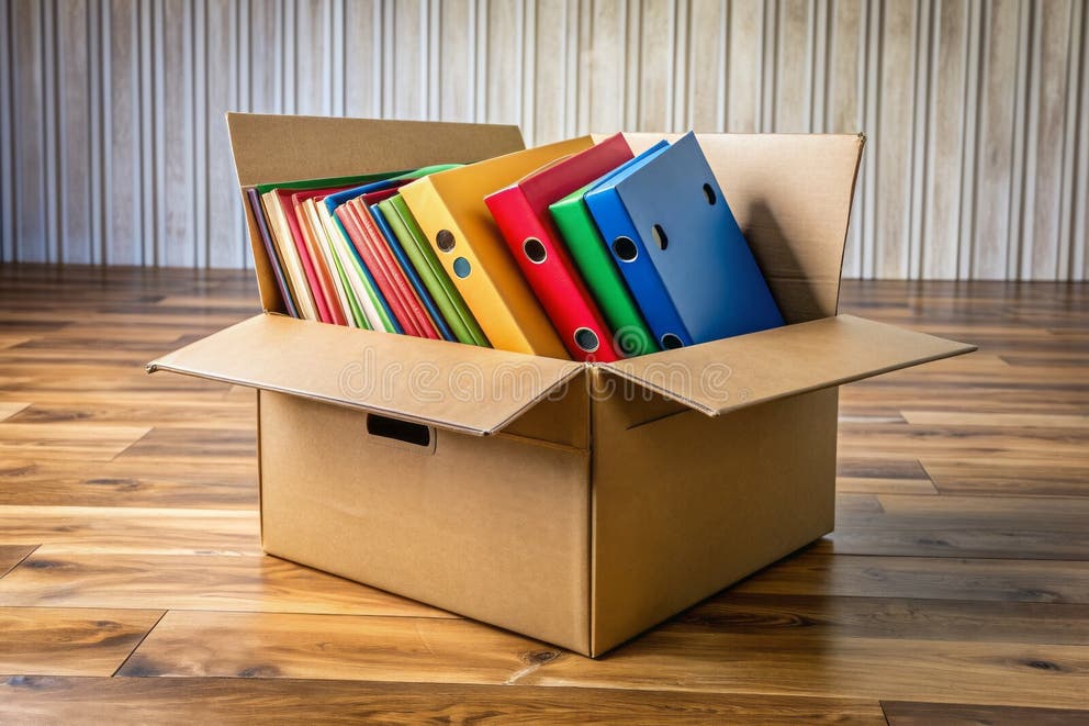 Overflowing Cardboard Box of Office Binders a Visual Representation of ...