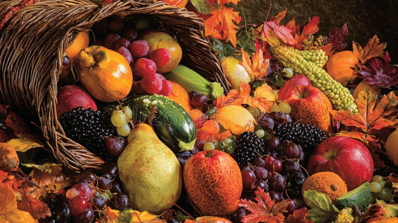 Overflowing Cornucopia with Autumn Fruits and Vegetables Stock Photo ...