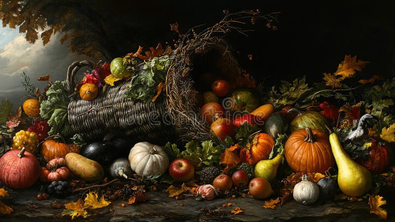 Overflowing Cornucopia of Autumn Harvest Fruits, Vegetables, and Leaves ...
