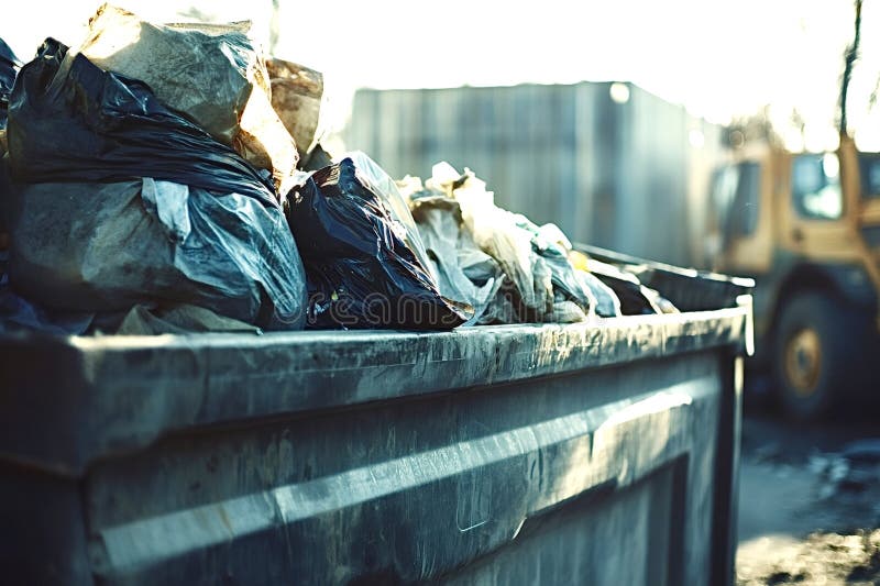 Overflowing Dumpster Filled with Garbage Bags at Construction Site ...
