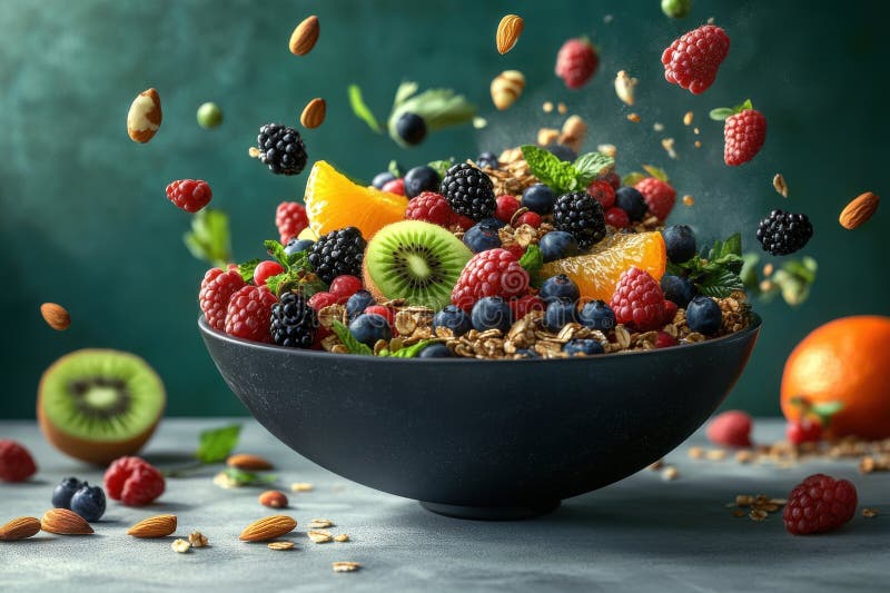 Overflowing Fruit and Granola Bowl in Motion, Studio Shot with Natural ...