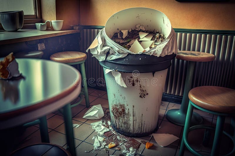 Overflowing Garbage Bin in Cafe or Restaurant after Dining Stock ... Overflowing Garbage Bin in Cafe or Restaurant after Dining Stock ...