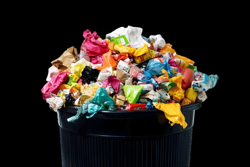 Overflowing Garbage Bin Filled with Colorful Plastic Waste and Wrappers ...