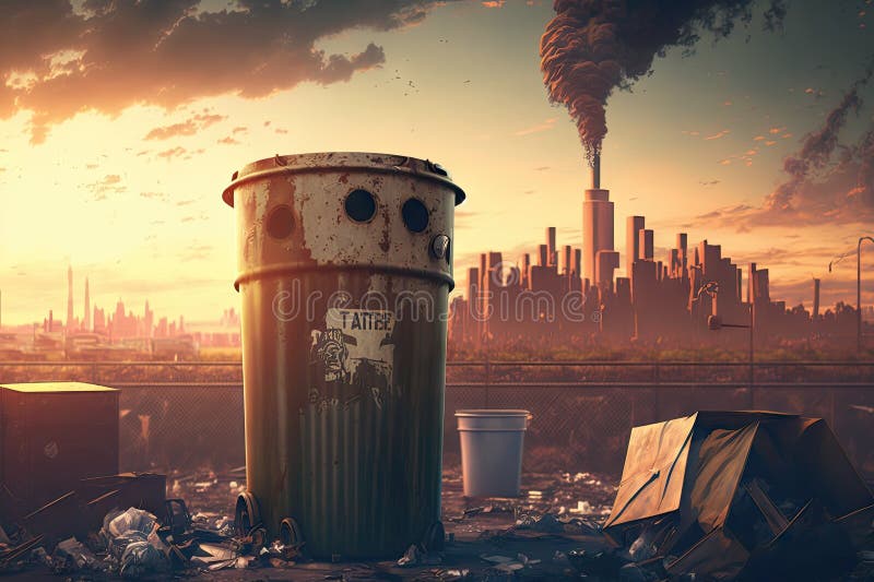 Overflowing Garbage Bin on Landfill Against Backdrop of Polluted ...