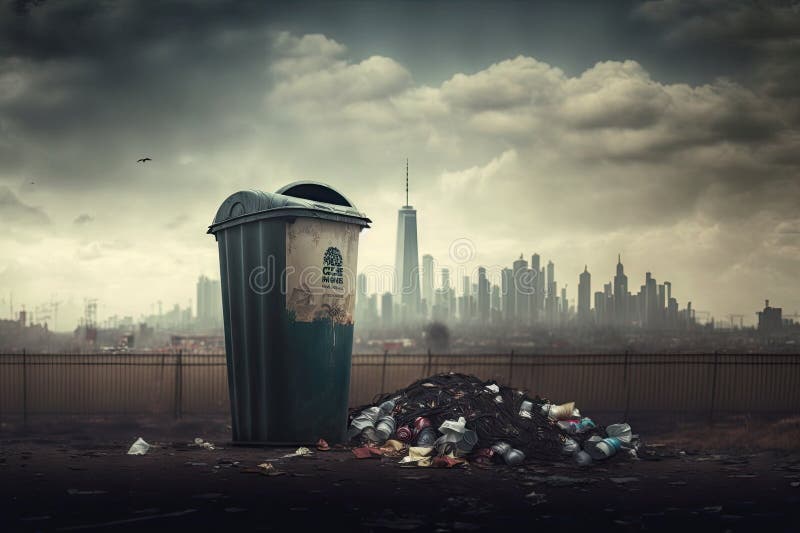 Overflowing Garbage Bin on Landfill Against Backdrop of Polluted ...