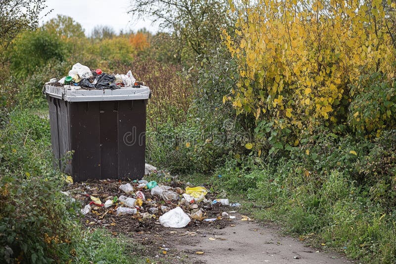 Overflowing Garbage Bin in Nature: Environmental Pollution Concept ...