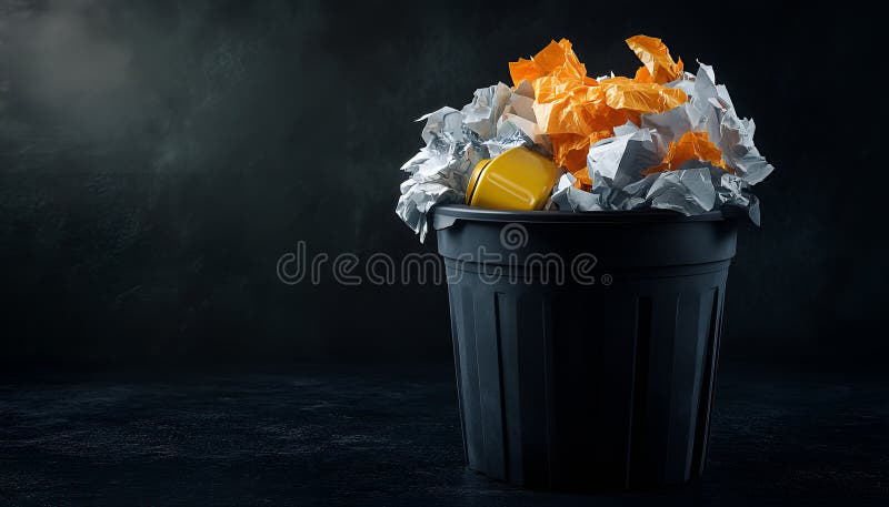Overflowing Garbage Bin with Orange and White Waste on Dark Background ...