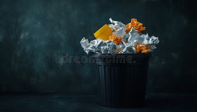 Overflowing Garbage Bin with Orange and White Waste on Dark Background ...