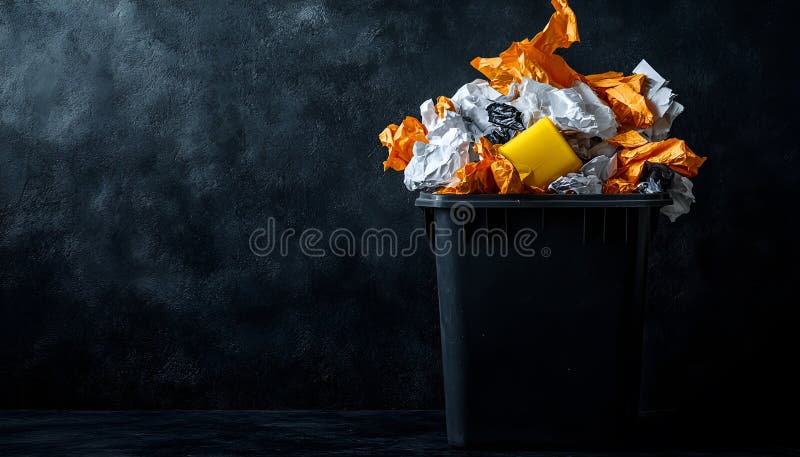 Overflowing Garbage Bin with Orange and White Waste on Dark Background ...