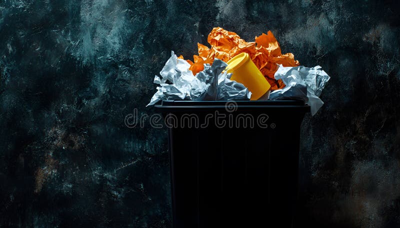 Overflowing Garbage Bin with Orange and White Waste on Dark Background ...