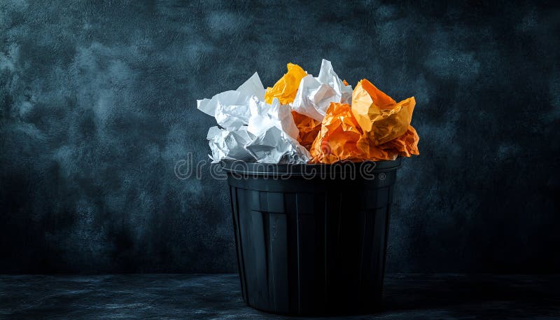 Overflowing Garbage Bin with Orange and White Waste on Dark Background ...