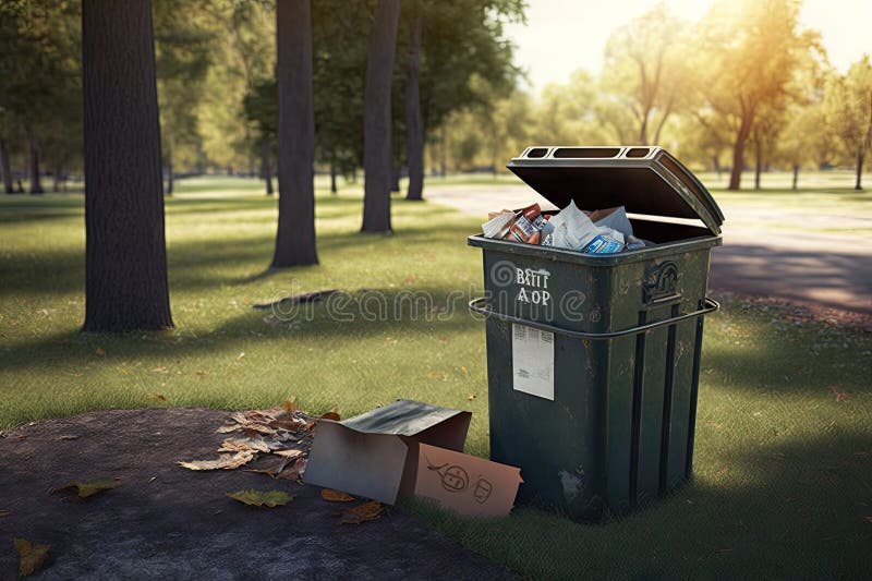 Overflowing Garbage Bin in Park with Discarded Packaging and Rotten ...