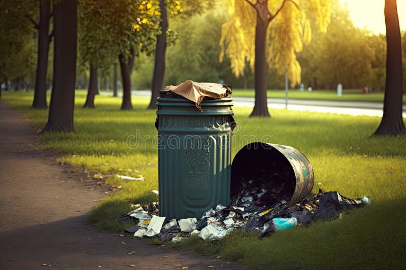 Overflowing Garbage Bin in Park with Discarded Packaging and Rotten ...