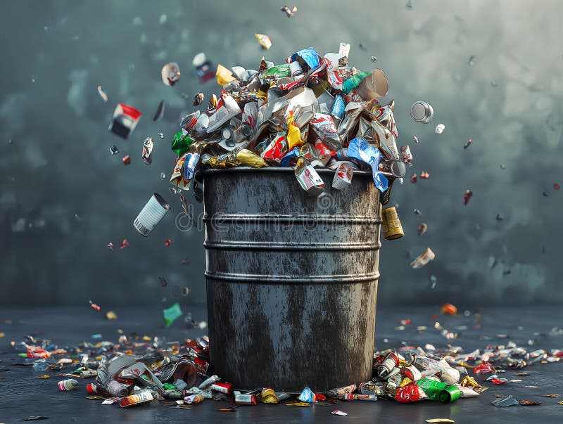 Overflowing Garbage Bin with Scattered Trash on Concrete Stock ...