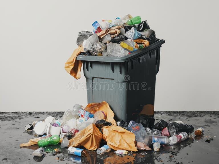 Overflowing Garbage Bin with Scattered Trash on Concrete Stock ...