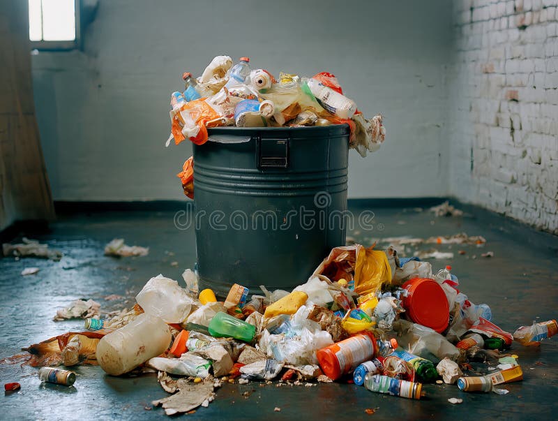 Overflowing Garbage Bin with Scattered Trash on Concrete Stock ...