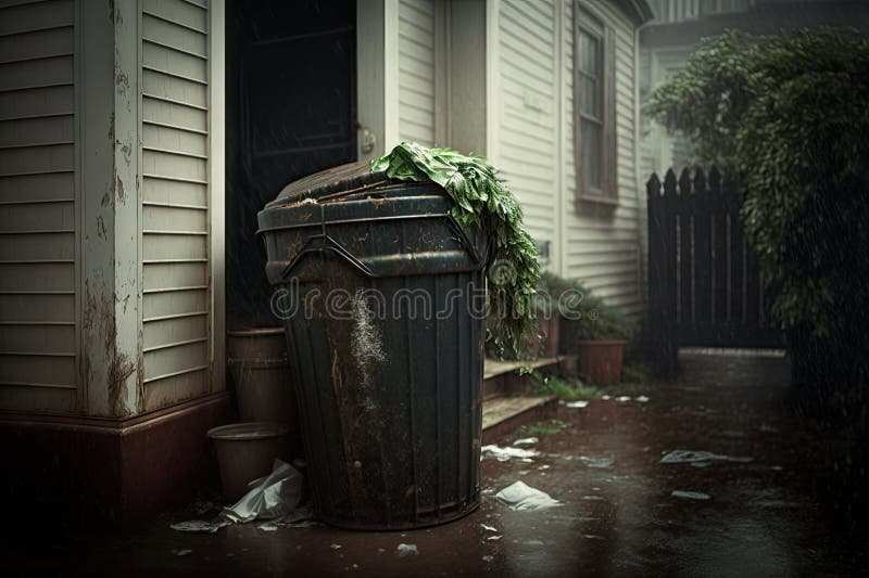 Overflowing Garbage Bin in Yard of Residential House after Rain Stock ...