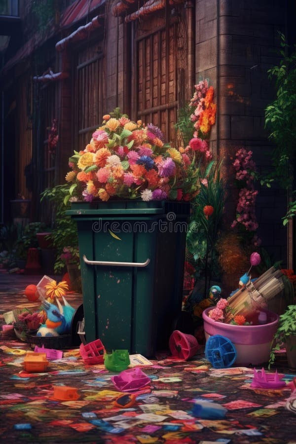 Overflowing Garbage Bins with Colorful Litter Stock Illustration ...