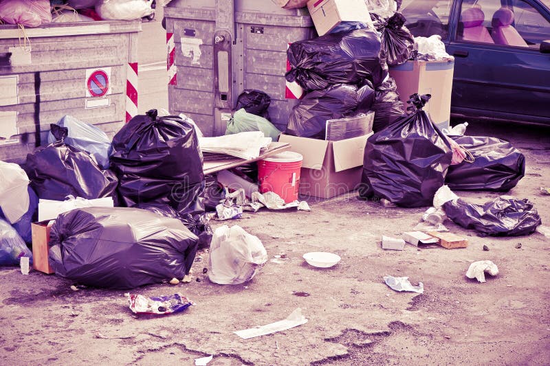 Overflowing Garbage Bins in a Urban Road Stock Photo - Image of ...
