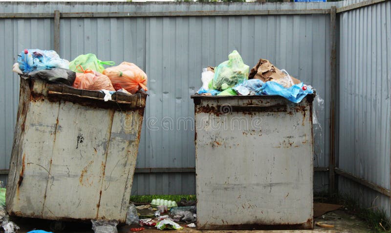 Overflowing Garbage Cans Close-up. Problems of Garbage Collection Stock ...