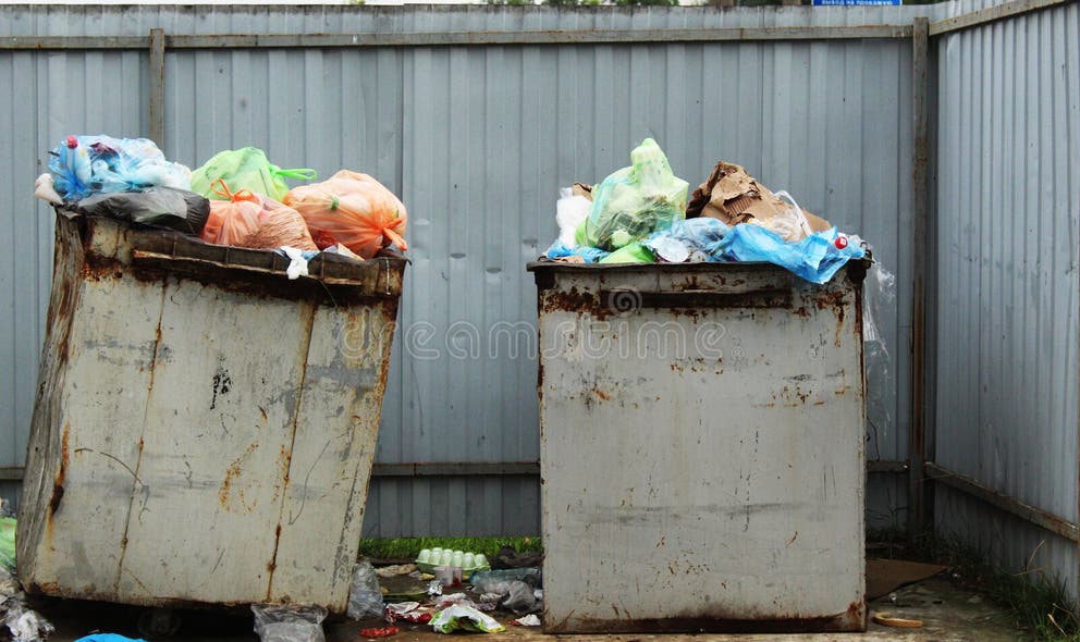 Overflowing Garbage Cans Close-up. Problems of Garbage Collection Stock ...