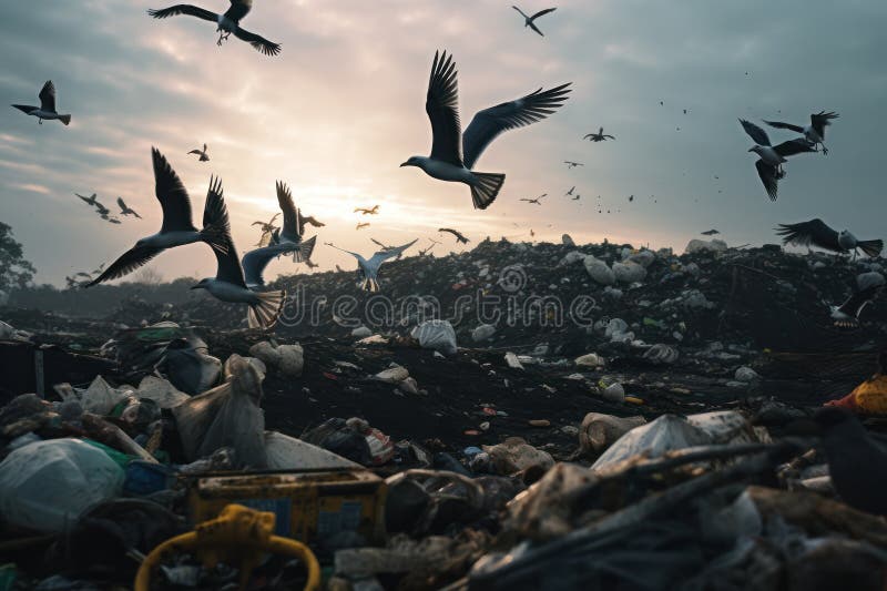 Overflowing Garbage Dumpsite with Scavenging Birds, Environmental ...