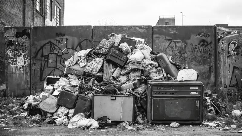 Trash Accumulating Near Graffiti Covered Wall Symbolizing Urban Decay ...