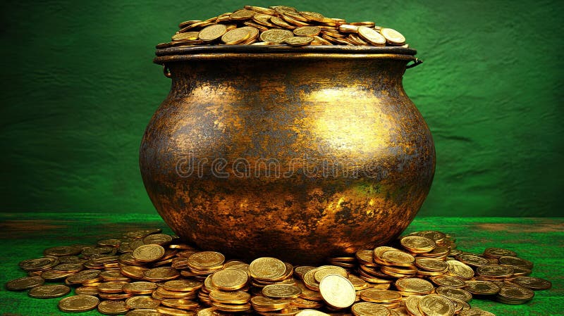 Overflowing Gold Coins in Antique Pot, Green Backdrop, Wealth Stock ...