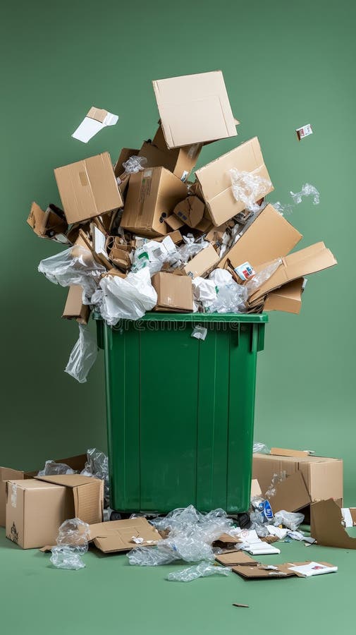 Overflowing Green Recycling Bin with Cardboard Waste on Green ...