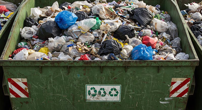 Overflowing Green Recycling Bin Filled with Waste Stock Illustration ...