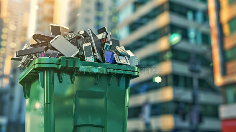 Overflowing Green Trash Bin with Electronic Waste in Urban Setting. E ...