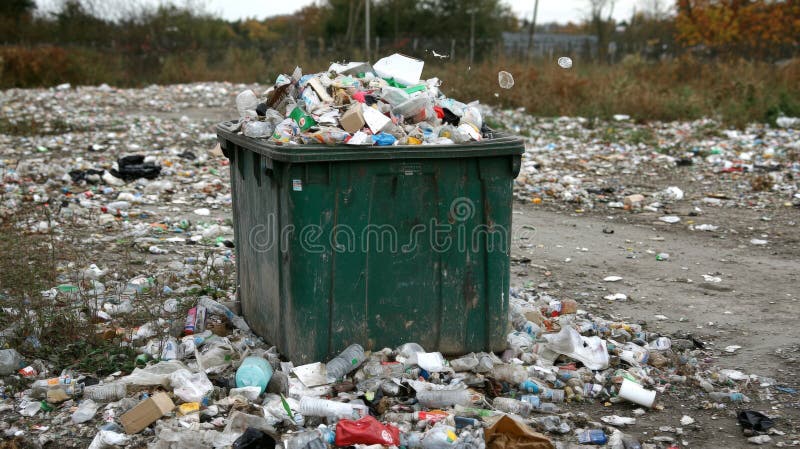 Overflowing Green Trash Bin Surrounded by Litter Stock Illustration ...