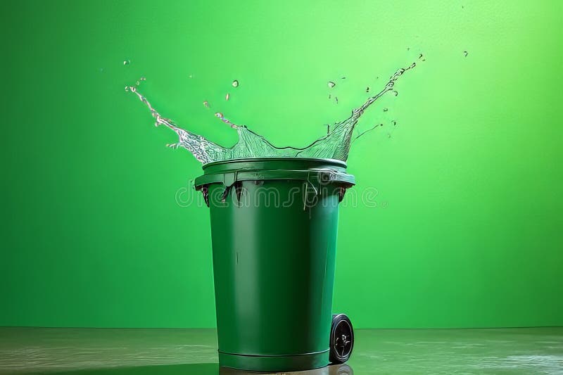 Overflowing Green Trash Can Spills Water Environmental Waste Disposal ...