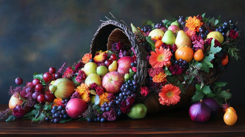 Overflowing Horn of Plenty with Fall Fruits, Vegetables, and Flowers ...