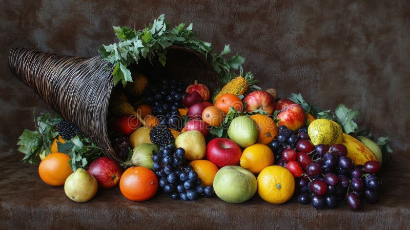 Overflowing Horn of Plenty with Fruit and Grapes Stock Illustration ...