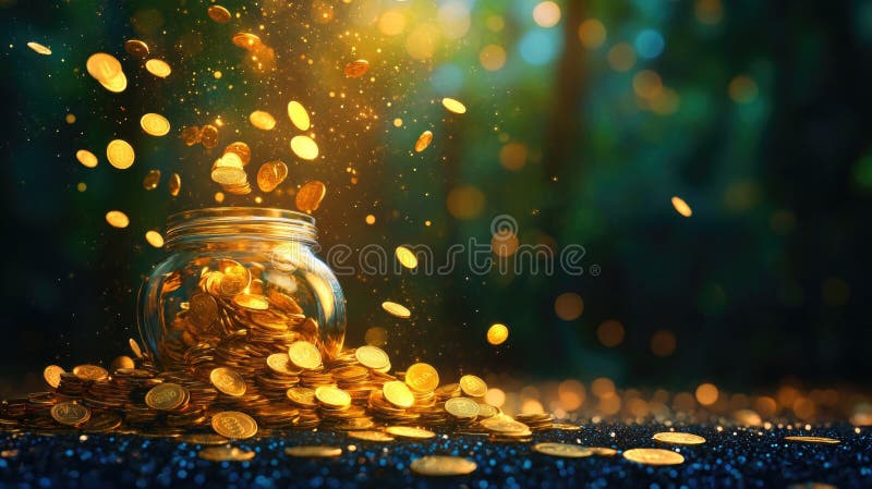 Overflowing Jar of Gold Coins in a Lush Outdoor Setting Stock Image ...
