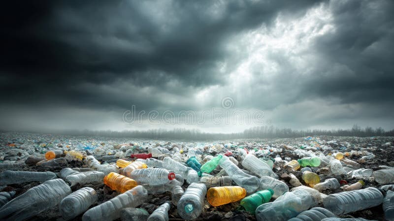 Overflowing Landfill Filled with Plastic Bottles Under Dramatic Cloudy ...