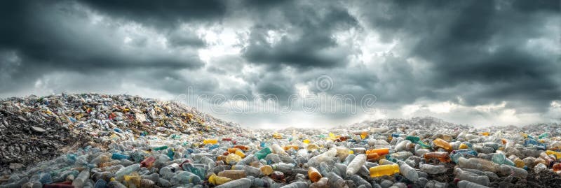 Overflowing Landfill Filled with Plastic Bottles Under Dramatic Cloudy ...