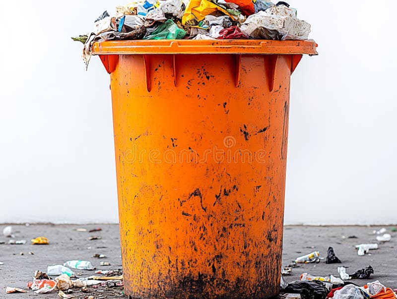 Overflowing Orange Trash Bin Waste Disposal Recycling Litter Pollution ...