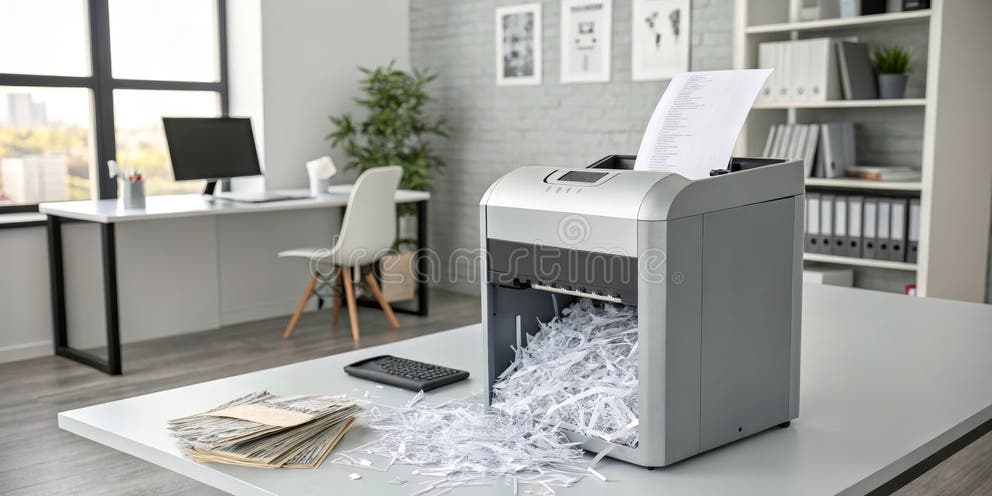 Overflowing Paper Shredder in Modern Office, Document Security Stock ...