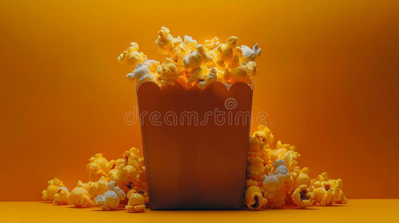 Overflowing Popcorn. Classic Yellow Container of Fresh Buttered Popcorn ...