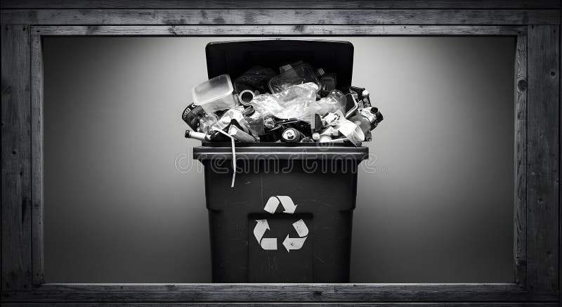 Overflowing Recycling Bin in Rustic Frame Stock Illustration ...