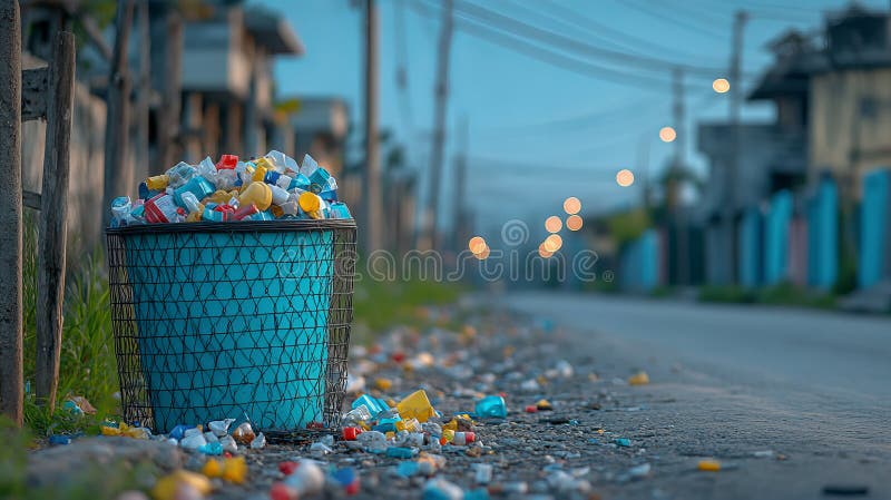 Overflowing Recycling Bin on Street, Highlighting Waste Management ...