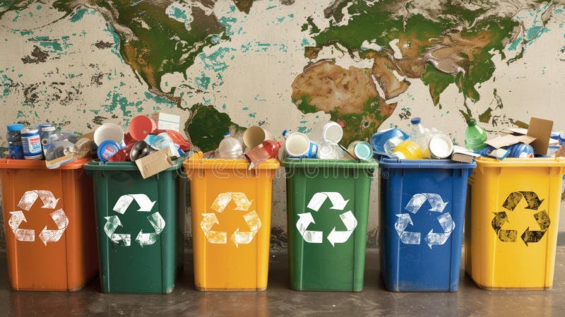 Overflowing Recycling Bins in Front of a World Map, Symbolizing Global ...